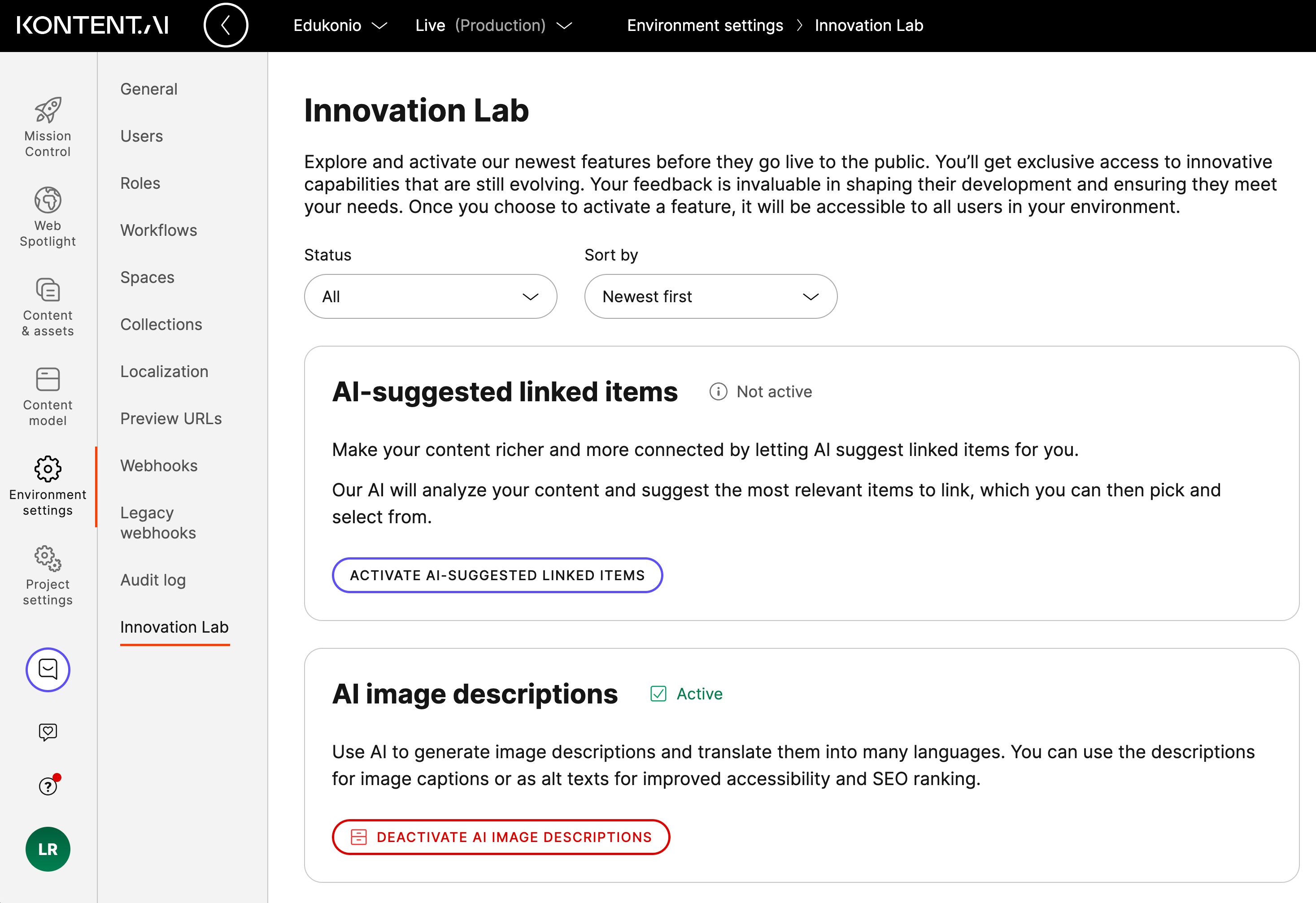 Manage Innovation Lab features | Kontent.ai Learn
